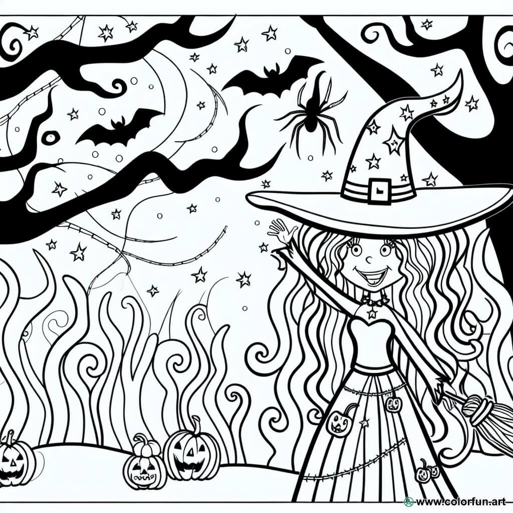 Einfaches Ausmalbild einer Hexe für Halloween. Kostenloser Download ...